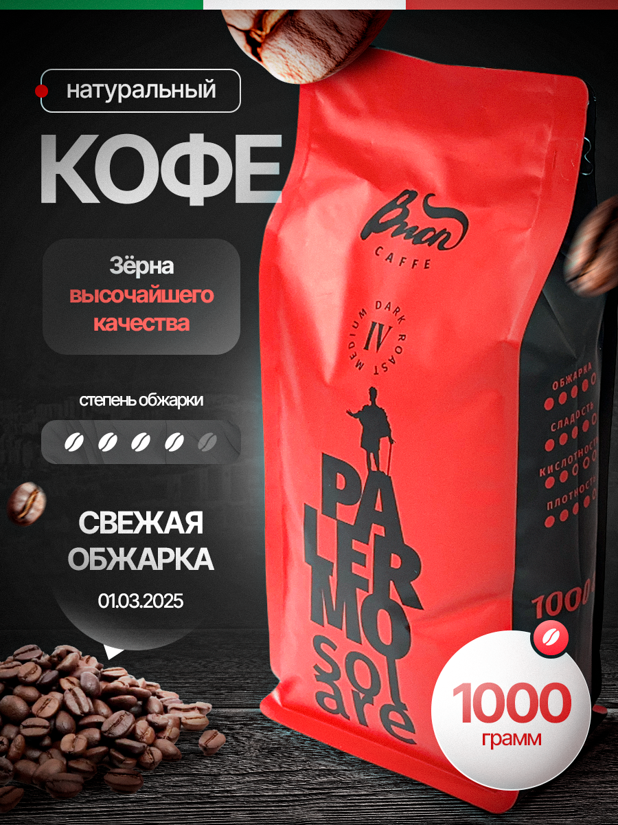 Кофе Buoncaffe Palermo Solare, жареный, в зернах, 1 кг, интенсивность 4