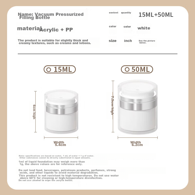 Chense Vacuum Pump Dispenser Bottles 15+50, Travel Bottles for Cosmetics, Lotion, Foundation, Skincare Products, Sample Empty Bottles