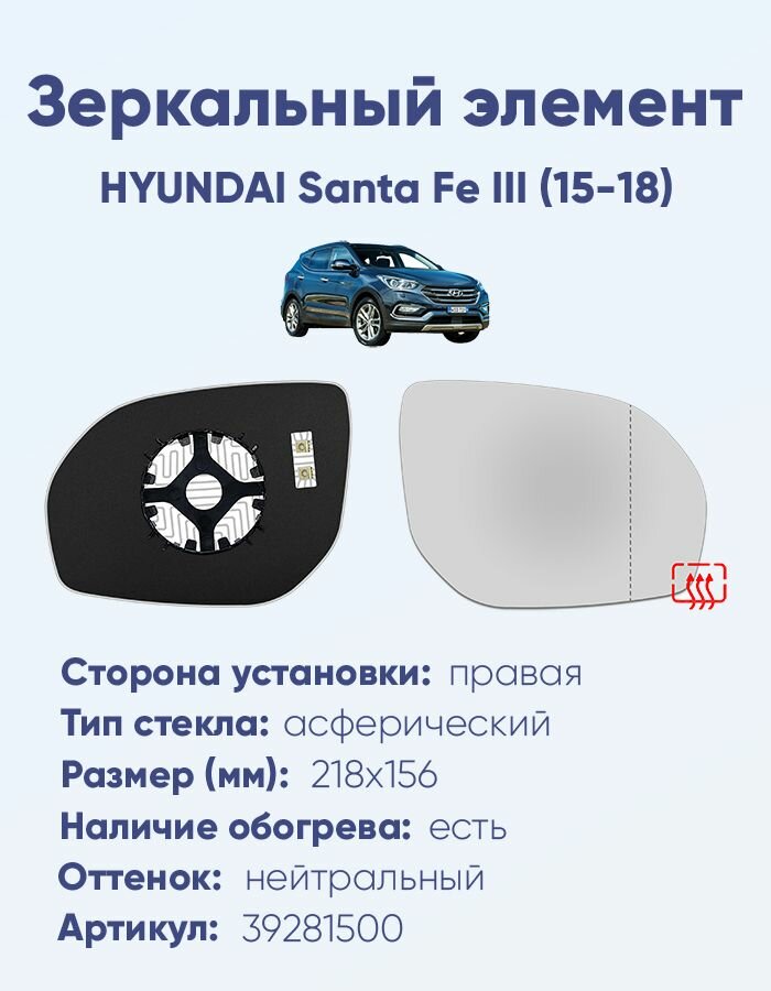 Зеркальный элемент правый HYUNDAI Santa Fe III (15-18) асферика нейтральный с обогревом