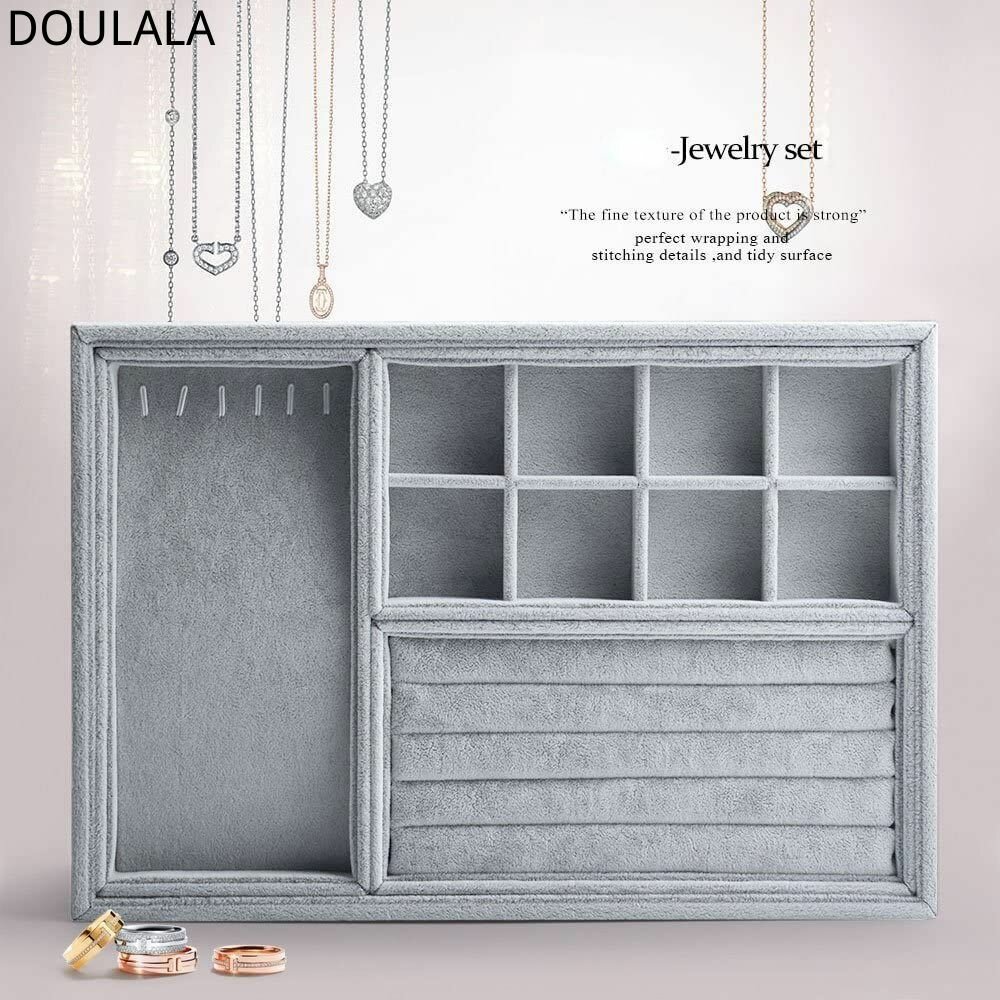 DOULALA Бархатный Выдвижной Лоток Для Ювелирных Изделий, Штабелируемый Органайзер Для Ювелирных Изделий 4 В 1, 24 X 35 X 3 СM, серый