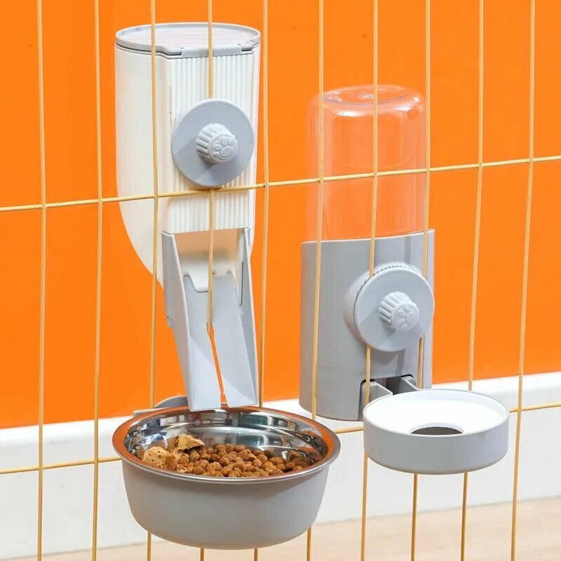 Набор: Автоматическая поилка и кормушка для кошек, собак, грызунов/Подвесная миска для животных, цвет серый