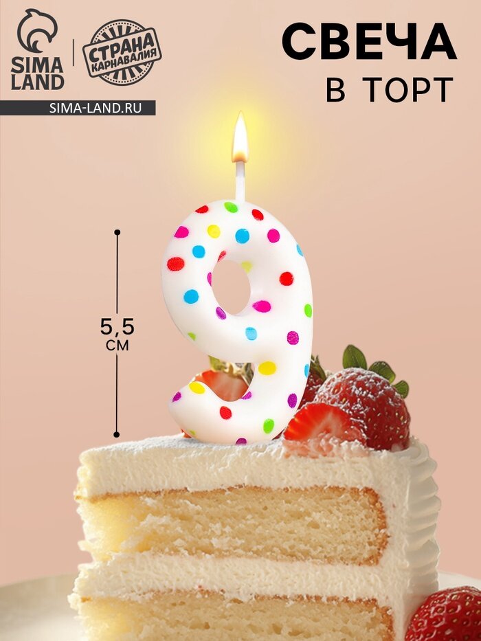 Свеча в торт на день рождения Цифра 9, 5.5 см, 4 шт.