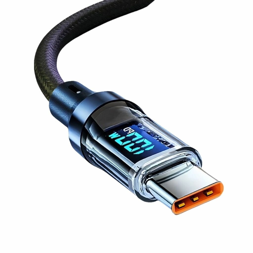 Кабель usb type c , Удлиненный кабель для передачи данных с динамическим цифровым дисплеем мощностью 120 Вт Type c для сверхбыстрой зарядки-2 метра-цифровой дисплей прозрачно-черного цвета