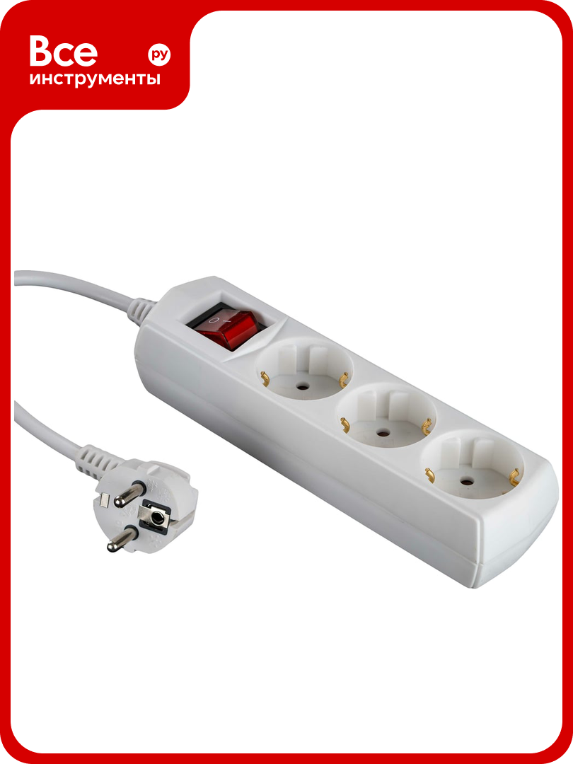Бытовой удлинитель с выключателем, три розетки, ПВС кабель, белый корпус, степень защиты IP20, гнёзда, каучуковая вилка
