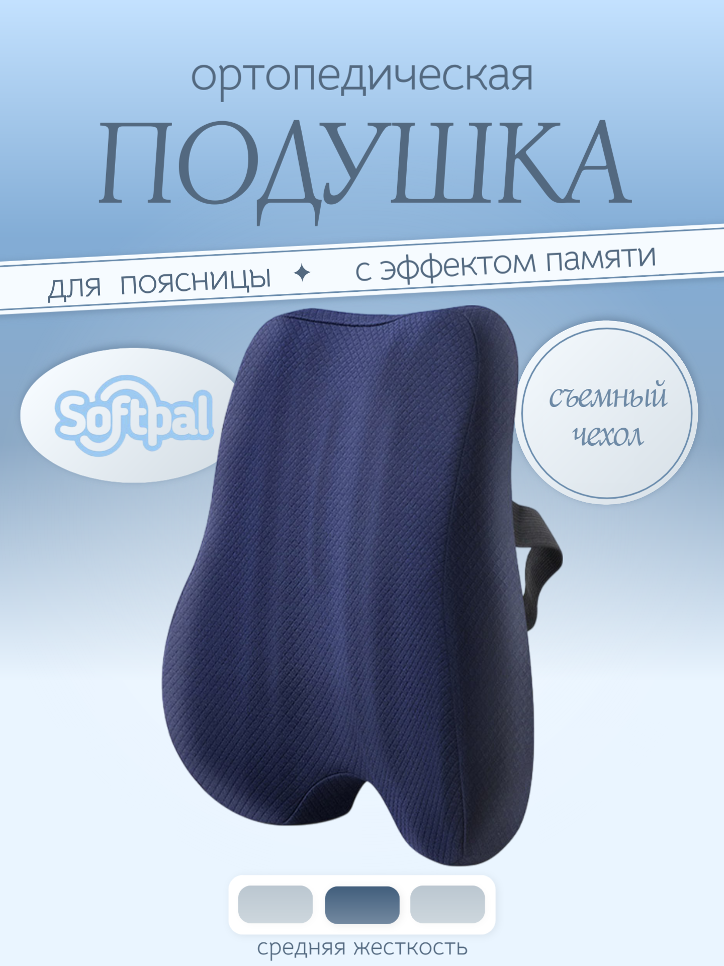Подушка ортопедическая на спинку кресла, стул с эффектом памяти, синяя