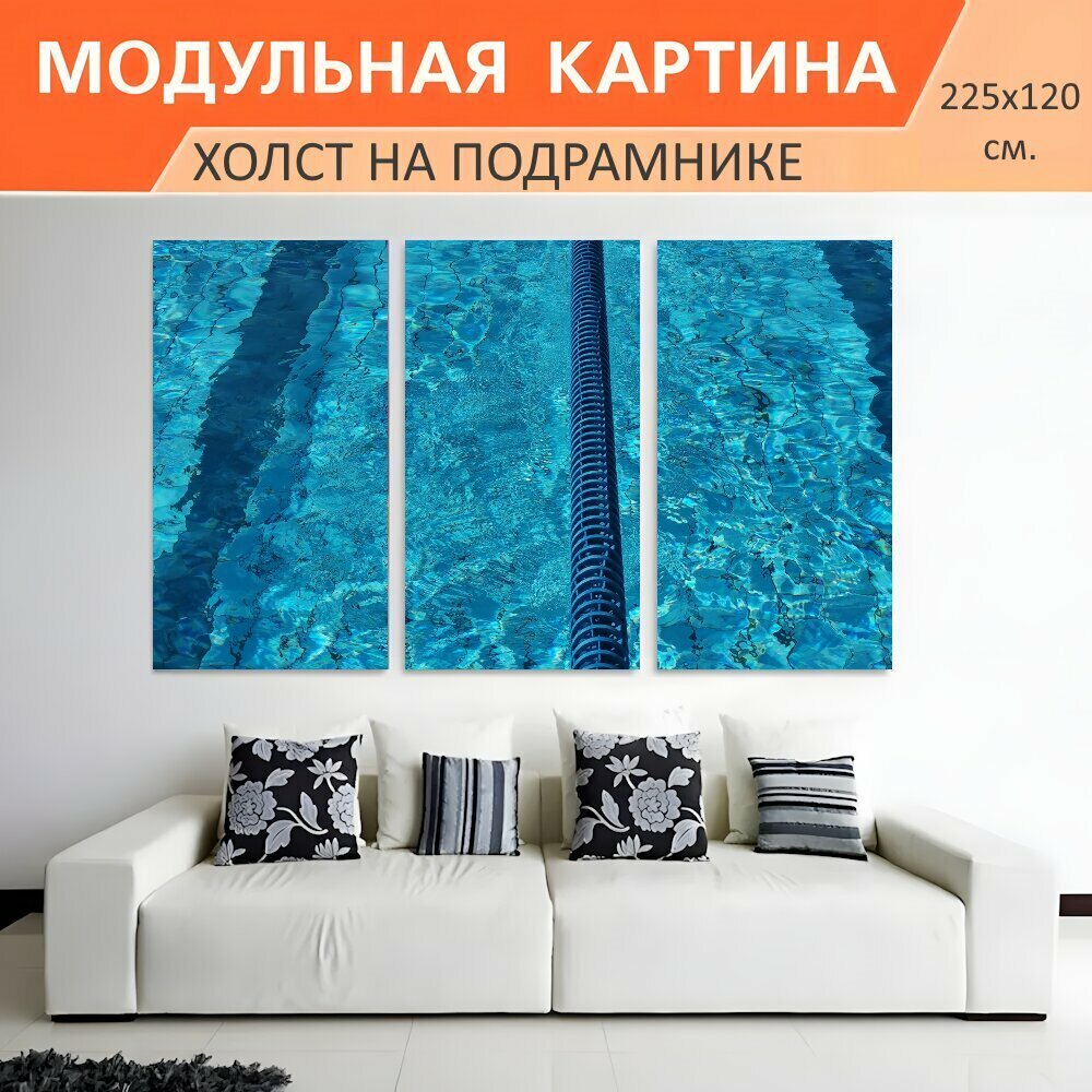 Модульная картина на холсте "Бассейн Бассейн плавательный бассейн воды барьер отпуск досуг Поверхность воды фон подводный отдых." триптих на подрамнике 225х120 см. для интерьера