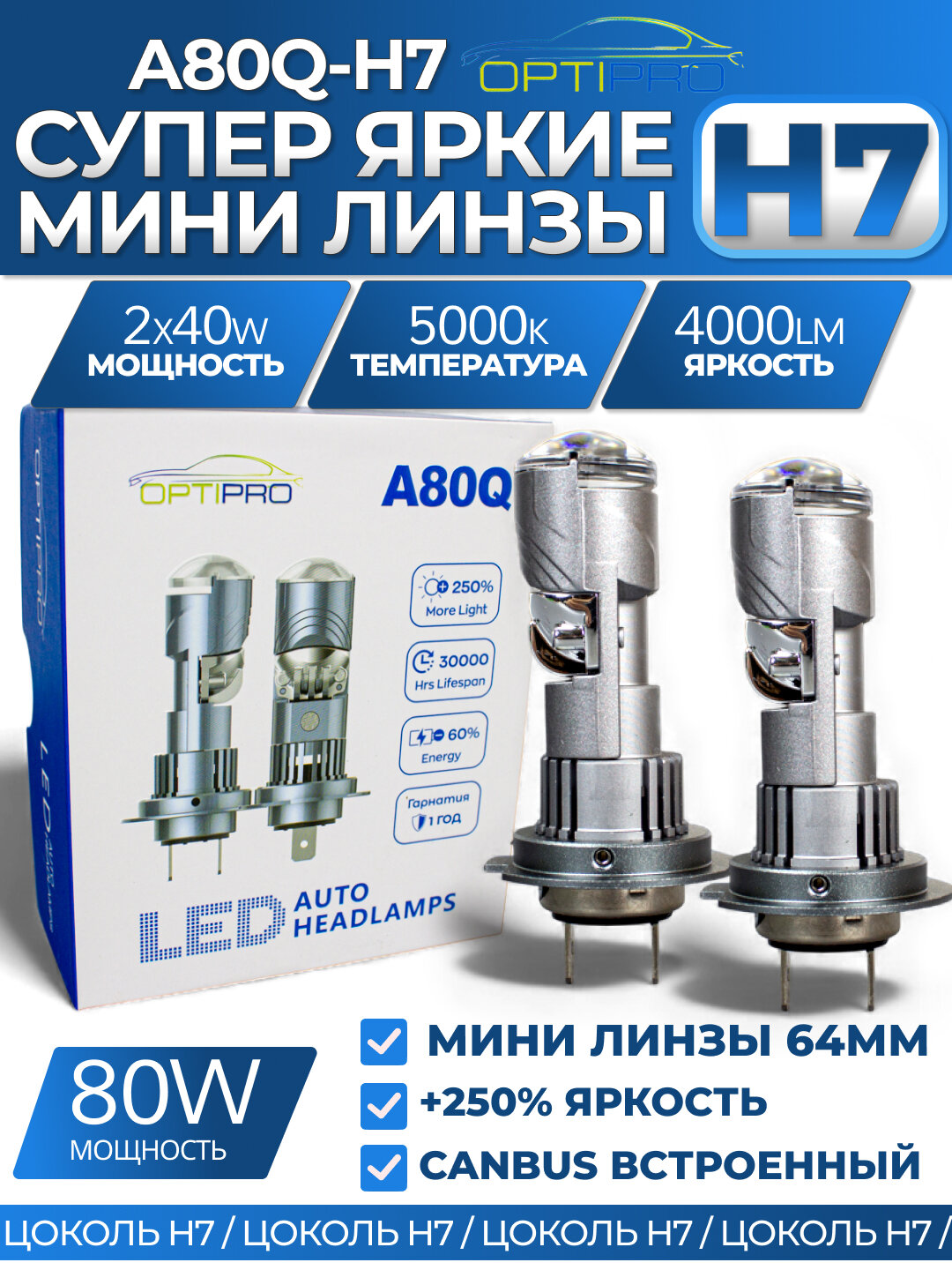 Светодиодные LED лампы A80Q H7 80W с линзой, мини линзы, комплект 2 шт.