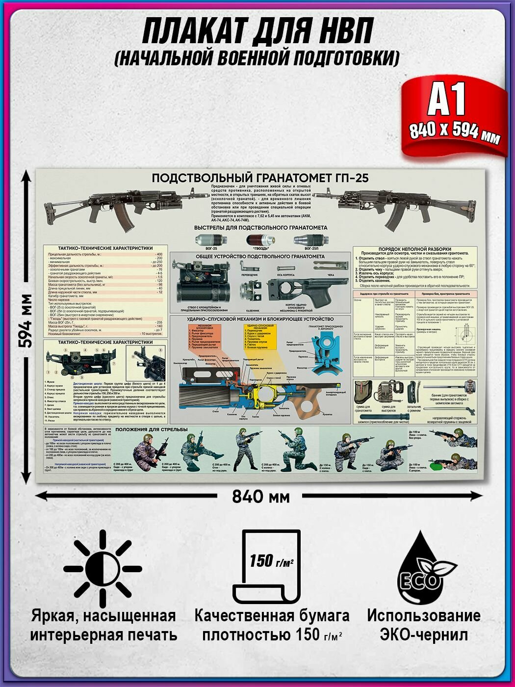 Информационный учебный плакат "Подствольный гранатомет ГП-25" / А1 (84x60 см.)