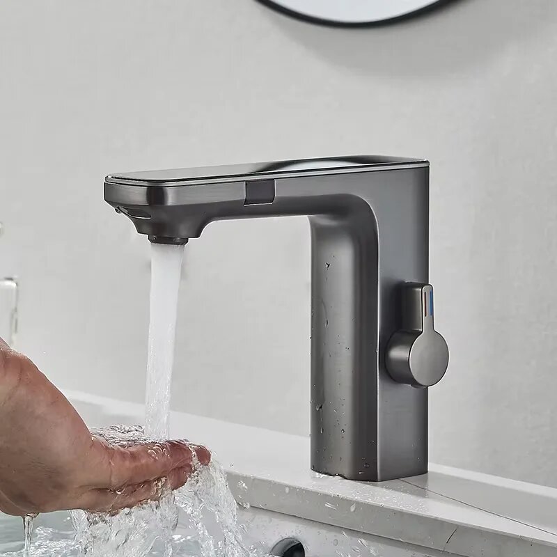 Смешивающий кран для раковины с цифровым дисплеем "Gun Grey Smart Sensor Basin Faucet" с горячей и холодной водой, бесконтактный кран для ванной раковины