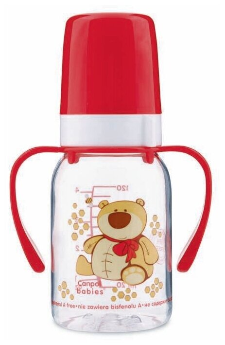 Бутылочка тритановая Canpol "Cheerful Animals" с силиконовой соской, с ручками (рисунок: мишка), 120 мл