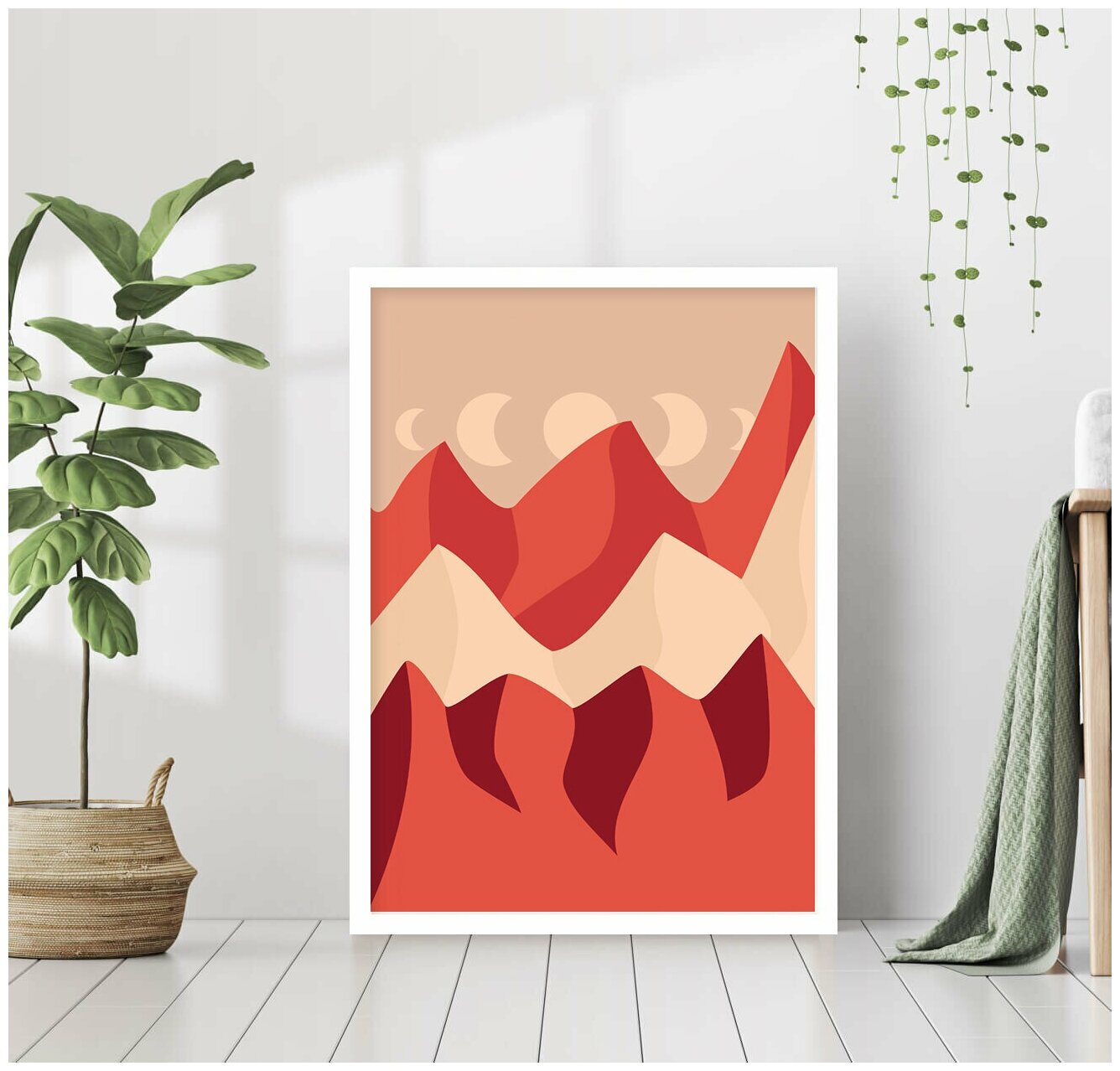 Постер "Рисунок в стиле бохо, горы и фазы луны" 50x70 в белой рамке для интерьера на стену