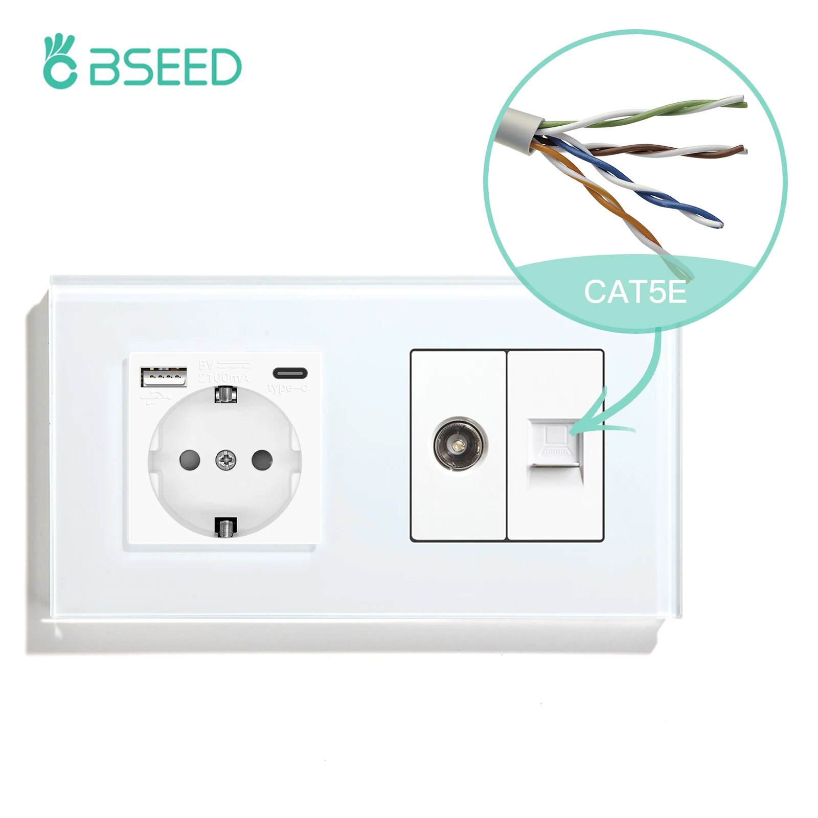 BSEED TV CAT5 розетка со стеклянной рамкой White Single Type-c
