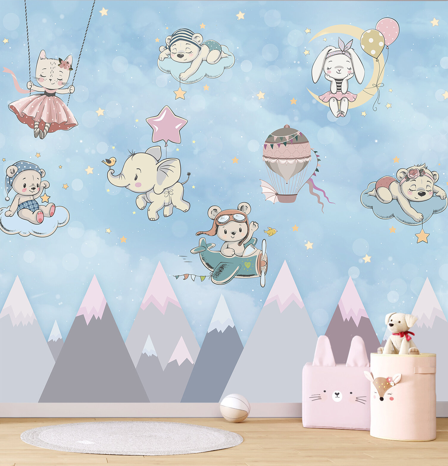 Фотообои Флизелиновые с виниловым покрытием Детские Звери в облаках 300х270 см