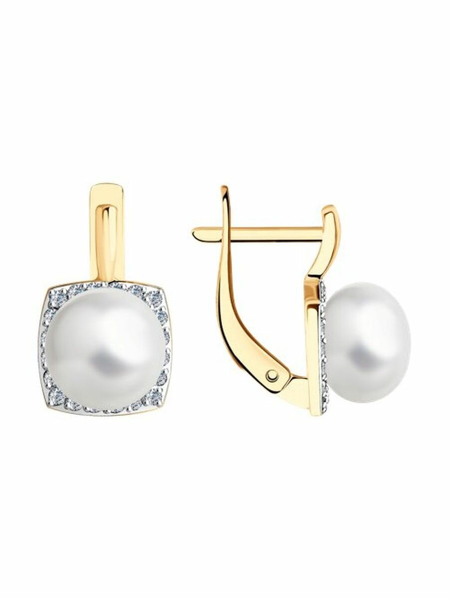 Серьги, красное золото, 375 проба, жемчуг, фианит