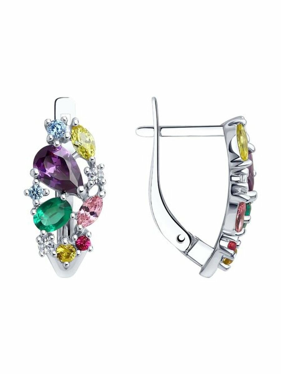 Серьги, серебро, 925 проба, родирование, изумруд синтетический, рубин синтетический, фианит