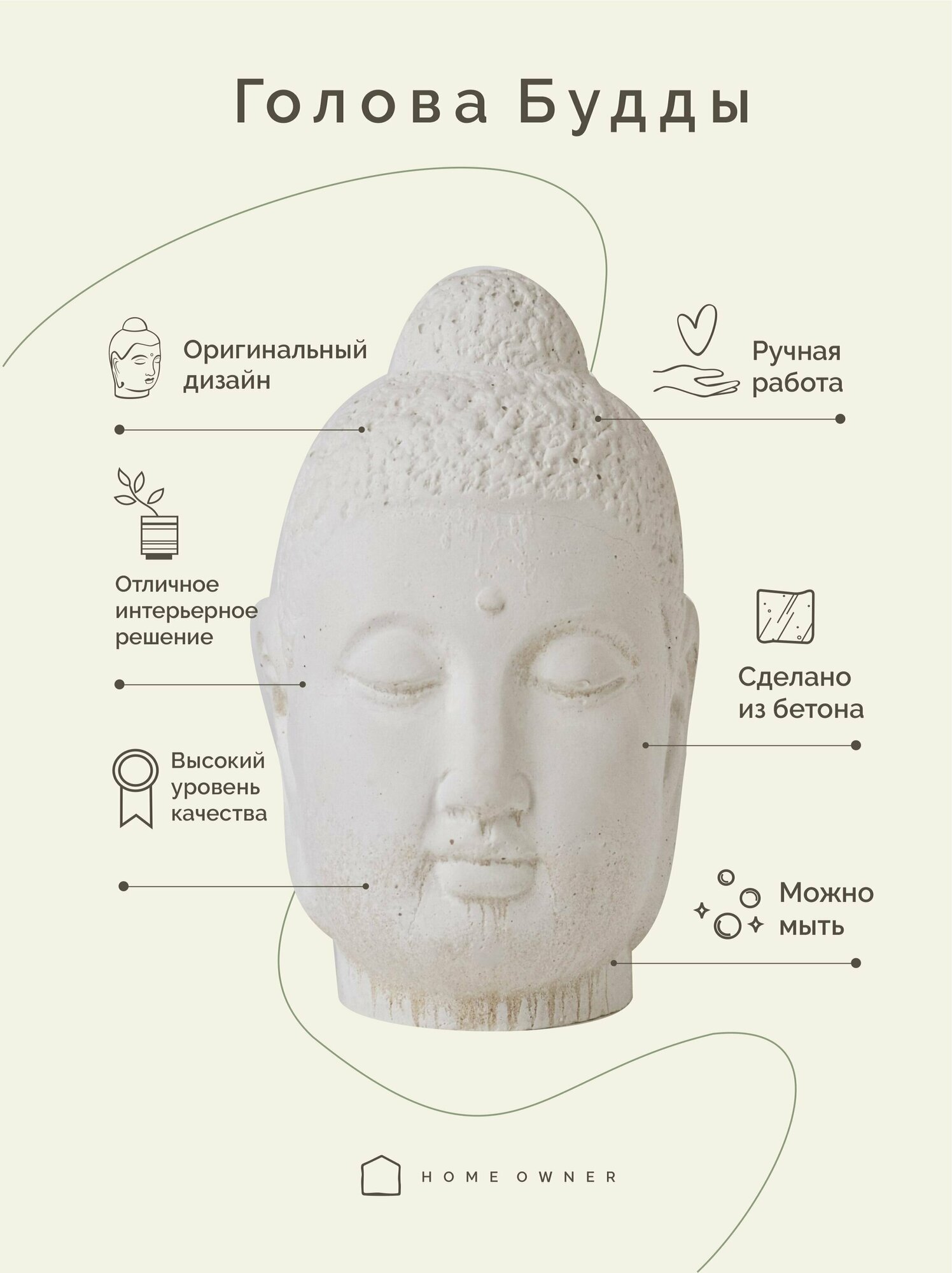 Голова Будды из бетона статуэтка для дома фигурка в интерьер, белая 17см