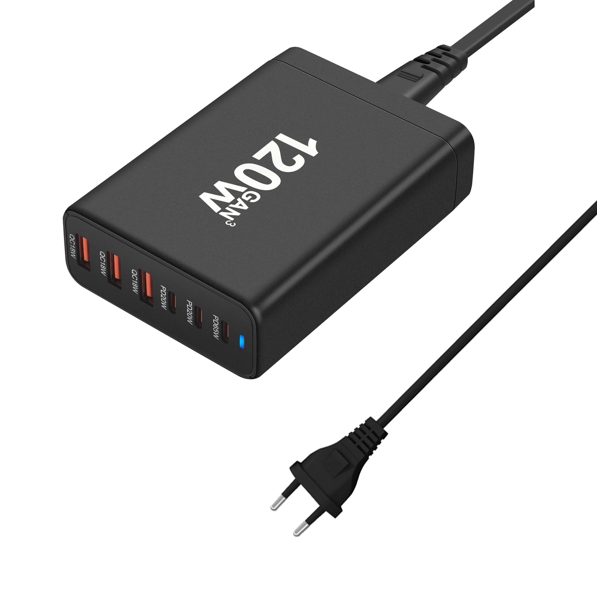 Зарядное устройство 120W GAN с 6 USB, Plug Type: 120W-EU