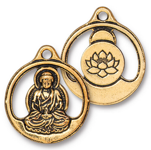 Подвеска, 24х21х3мм, TierraCast, медальон Будда, базовый материал - оловянный сплав, позолоченный с чернением, 1 шт.