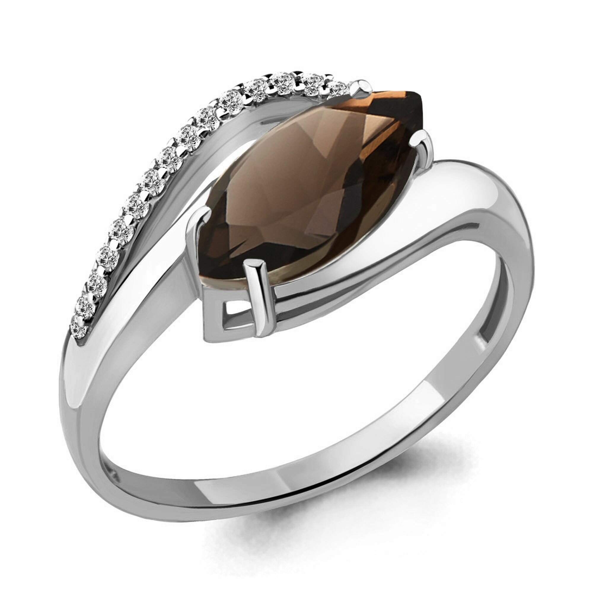 Кольцо, серебро, 925 проба, серебрение, фианит, раухтопаз