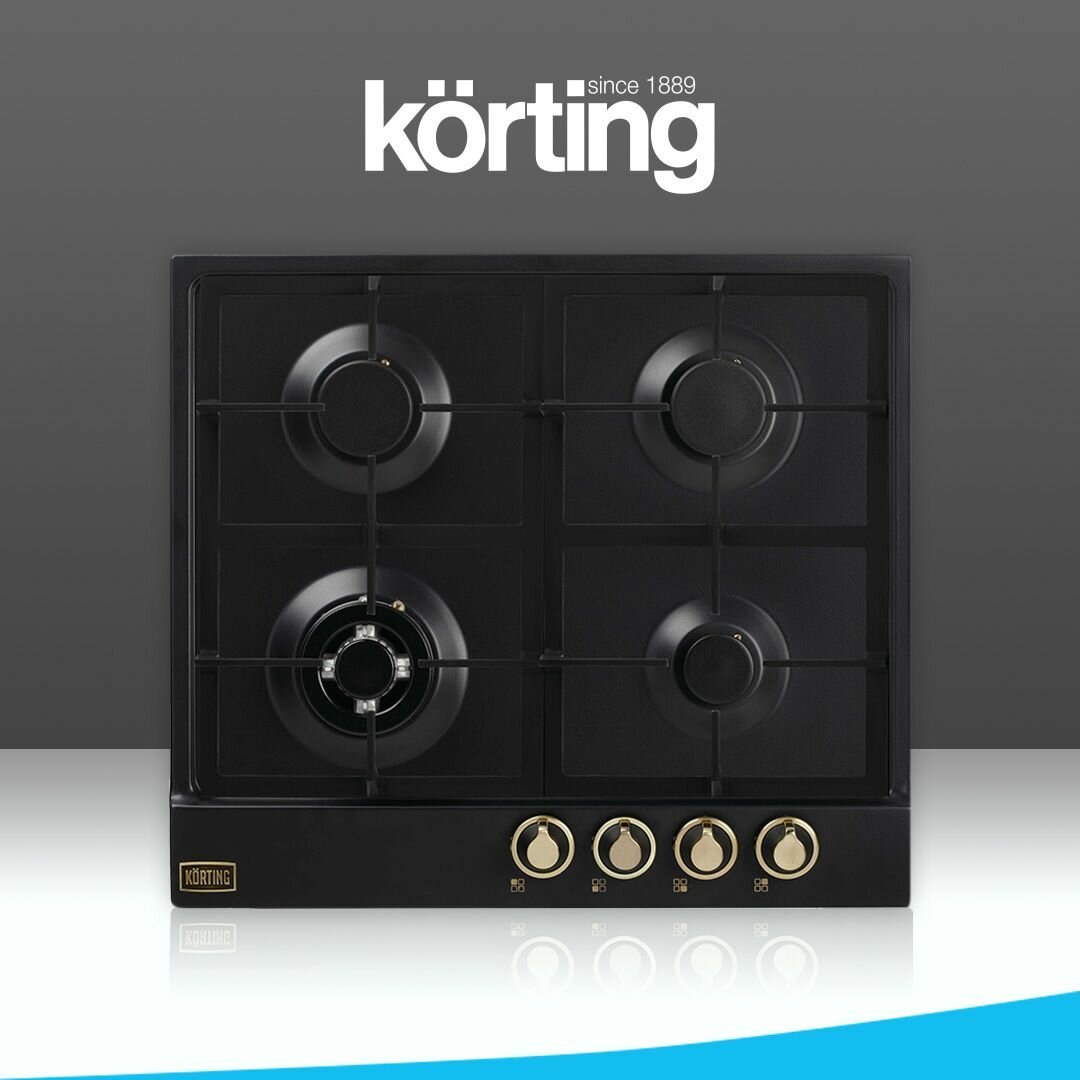 Газовая варочная панель Korting HG 661 CTGN ширина 60 см, 4 конфорки, WOK, электроподжиг, матовый черный