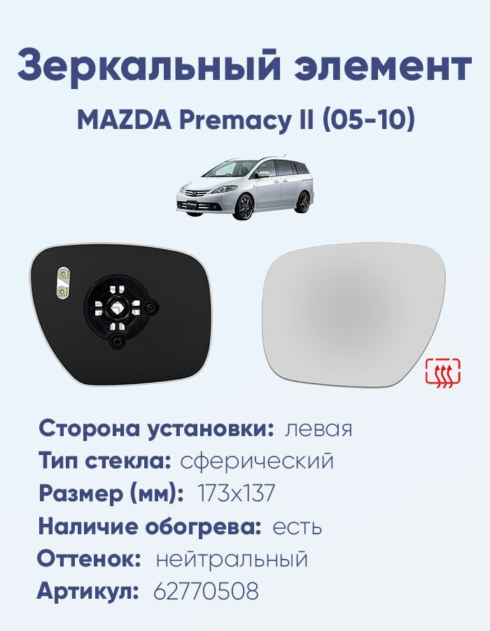 Зеркальный элемент левый MAZDA Premacy II (05-10) сфера нейтральный с обогревом