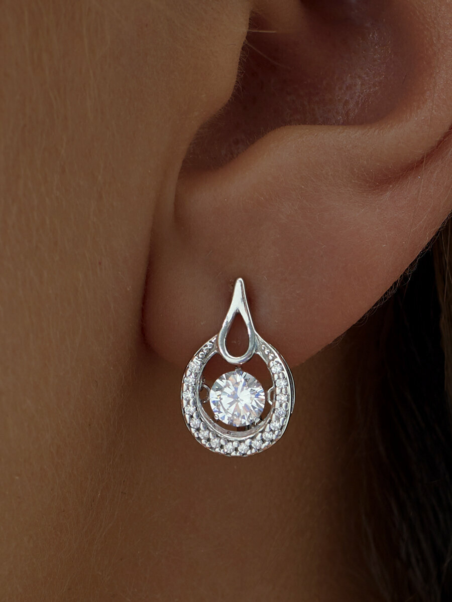 Серьги с подвесками, серебро, 925 проба, родирование, фианит