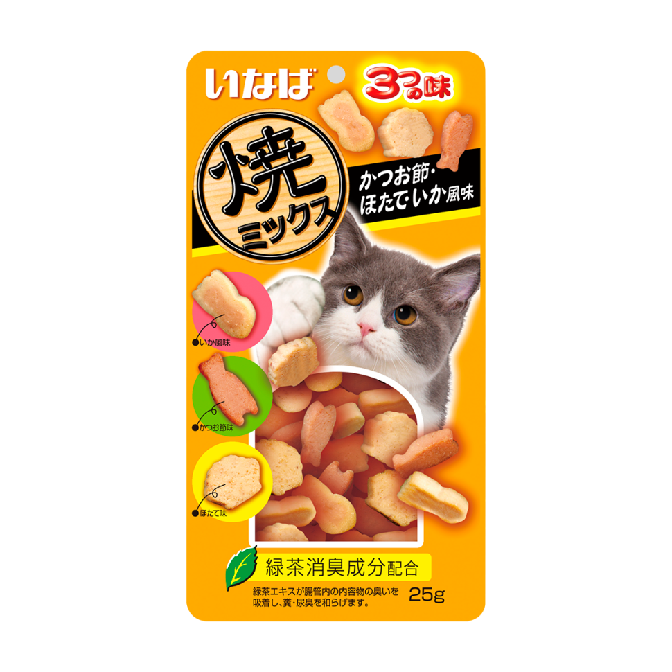 Лакомство для кошек Inaba Yaki Miksu запеченное cо вкусом кацуобуси, морского гребешка и кальмара - 25 г