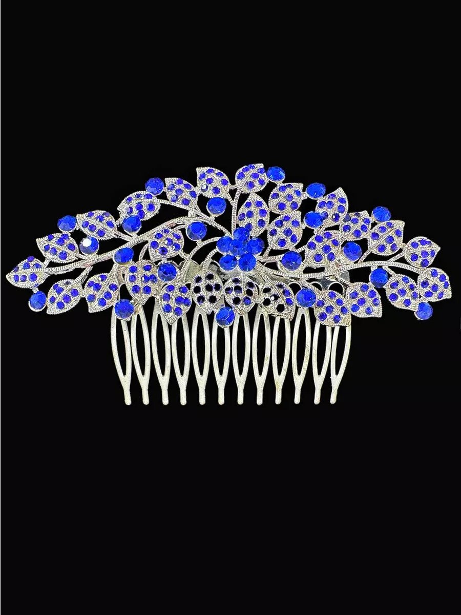 Гребень с синими стразами в прическу невесте, на выпускной бал