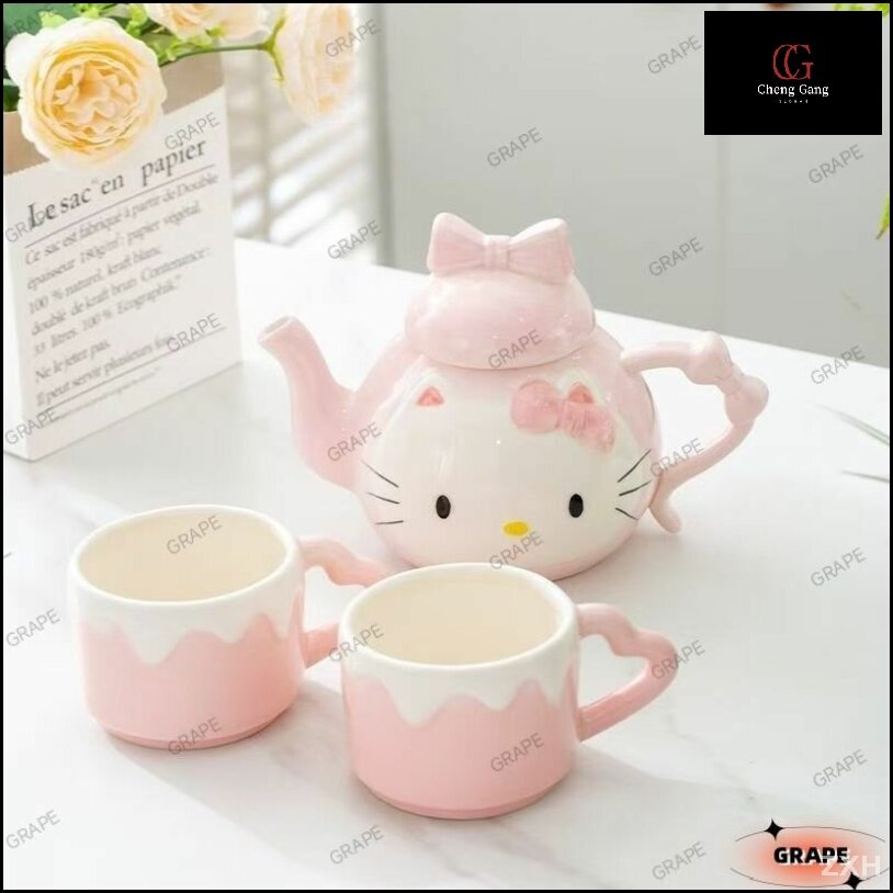 Набор чайника и кружек "Hello Kitty", керамика, розовый, термостойкий, для посудомойки