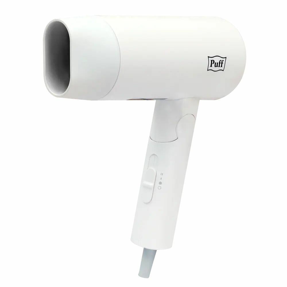 Фен Puff-1301, белый, складной, защита от перегрева, 2 скорости, 3 температурных режима
