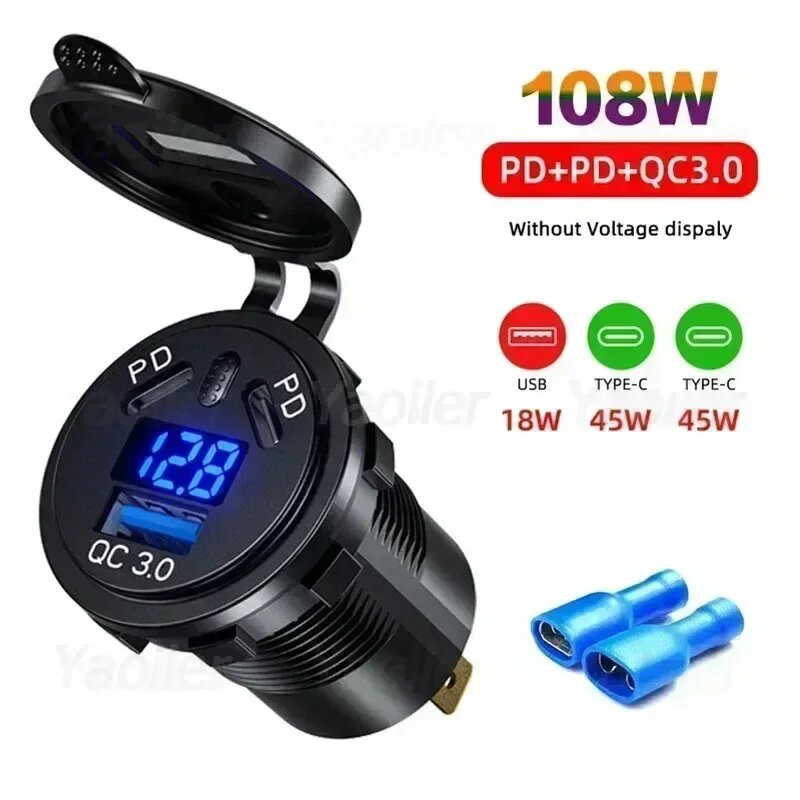 Автомобильная USB-розетка 108W PD+QC3.0, 12В, синяя