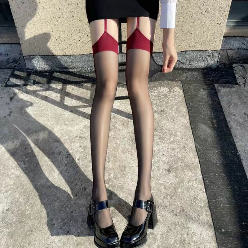 Сексуальные чулки с подвязками, цветные блоки, красный край, шелковые чулки для женщин, длинные трубки, ультратонкие, горячие девушки, черные шелковые чулки в стиле чистого желания