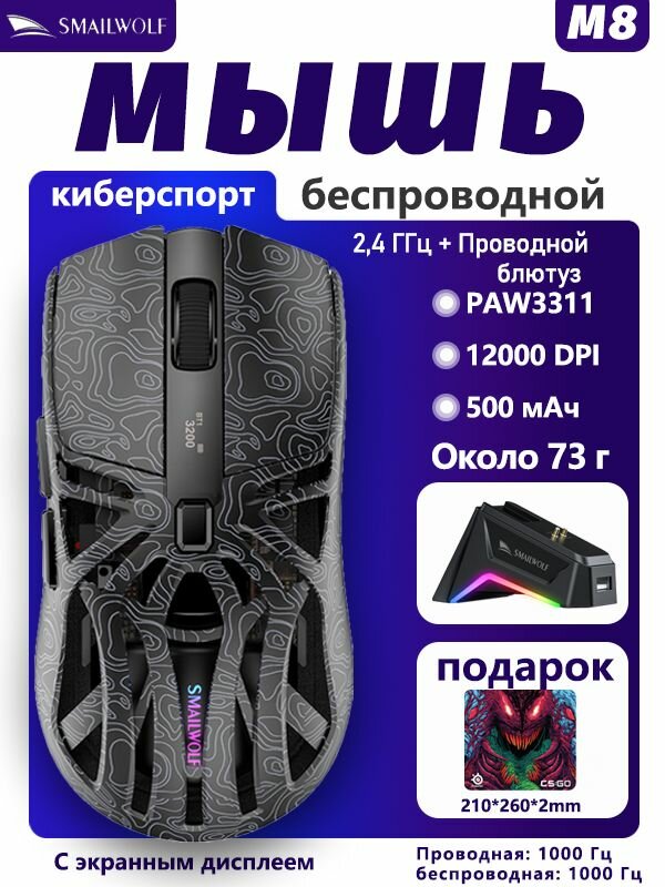 Беспроводная игровая мышь SMAILWOLF с эргономичной конструкцией, колесом прокрутки и индикацией заряда батареи