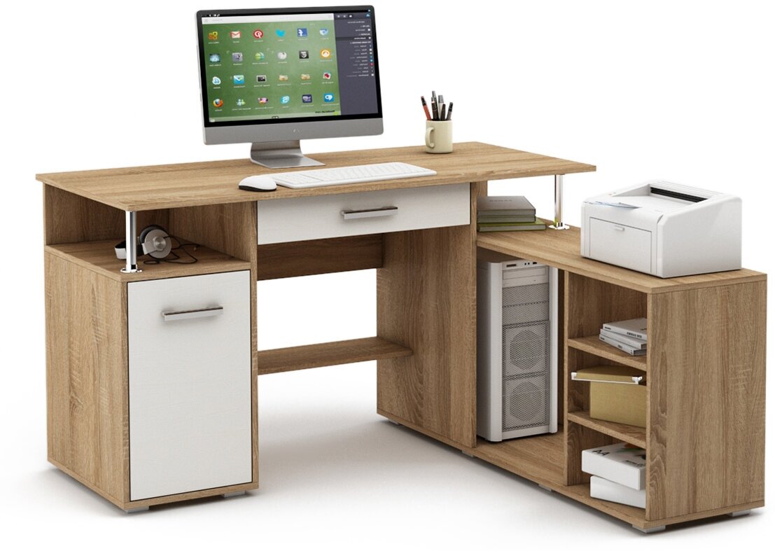 Стол компьютерный, письменный Амбер (Реал) 10Я, угловой, отделение для системного блока и полка для принтера