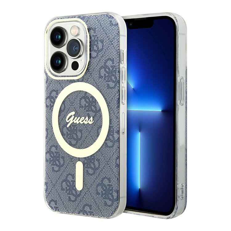 Guess чехол для iPhone 15 Pro, PC/TPU с узором 4G Blue/Gold (MagSafe)