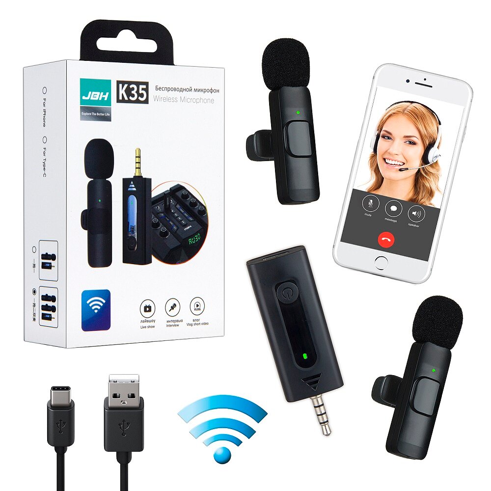 Микрофон беспроводной петличный 3.5 мм (2 в 1) JBH K35, черный