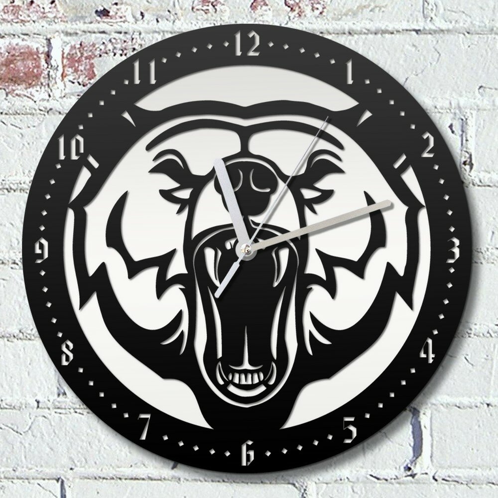 Настенные деревянные бесшумные часы животные Медведь (гризли, дикий хищник, оскал пасти) - 5163