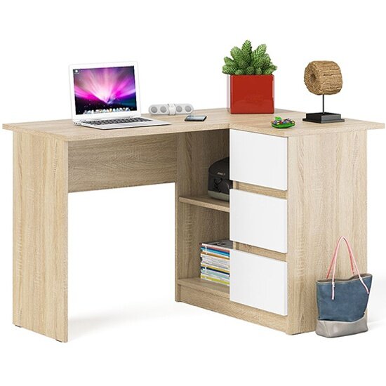 Стол компьютерный Свк Мори МС-16 правый, цвет дуб сонома/белый, ШхГхВ 124,4х84,9х76,6 см, выдвижные ящики справа, НЕ универсальная сборка