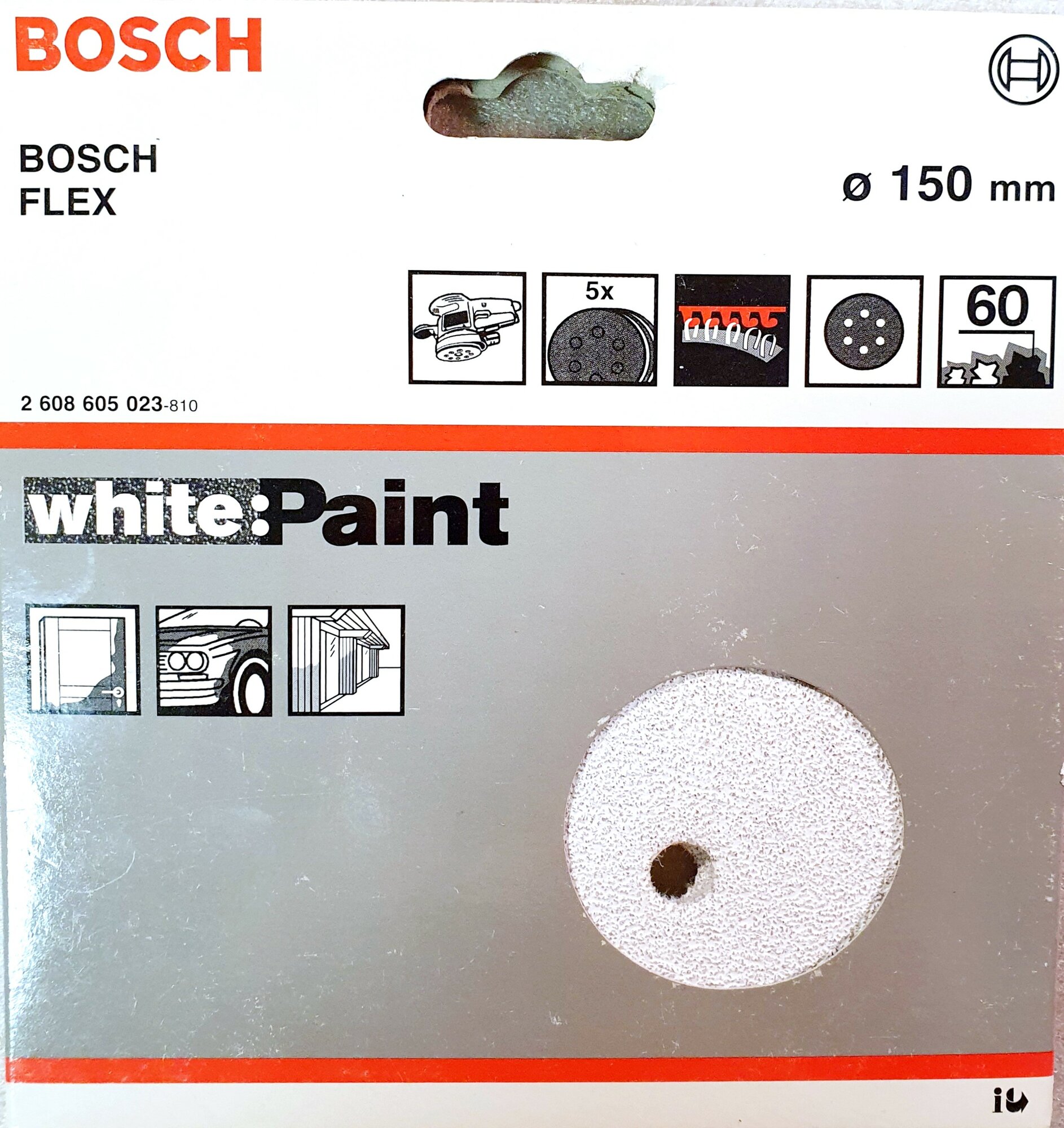 Шлифкруги белые (5шт) BOSCH Best for Paint, диаметр 150мм, зерно 60, липучка, 6 отверстий, (2608605023)