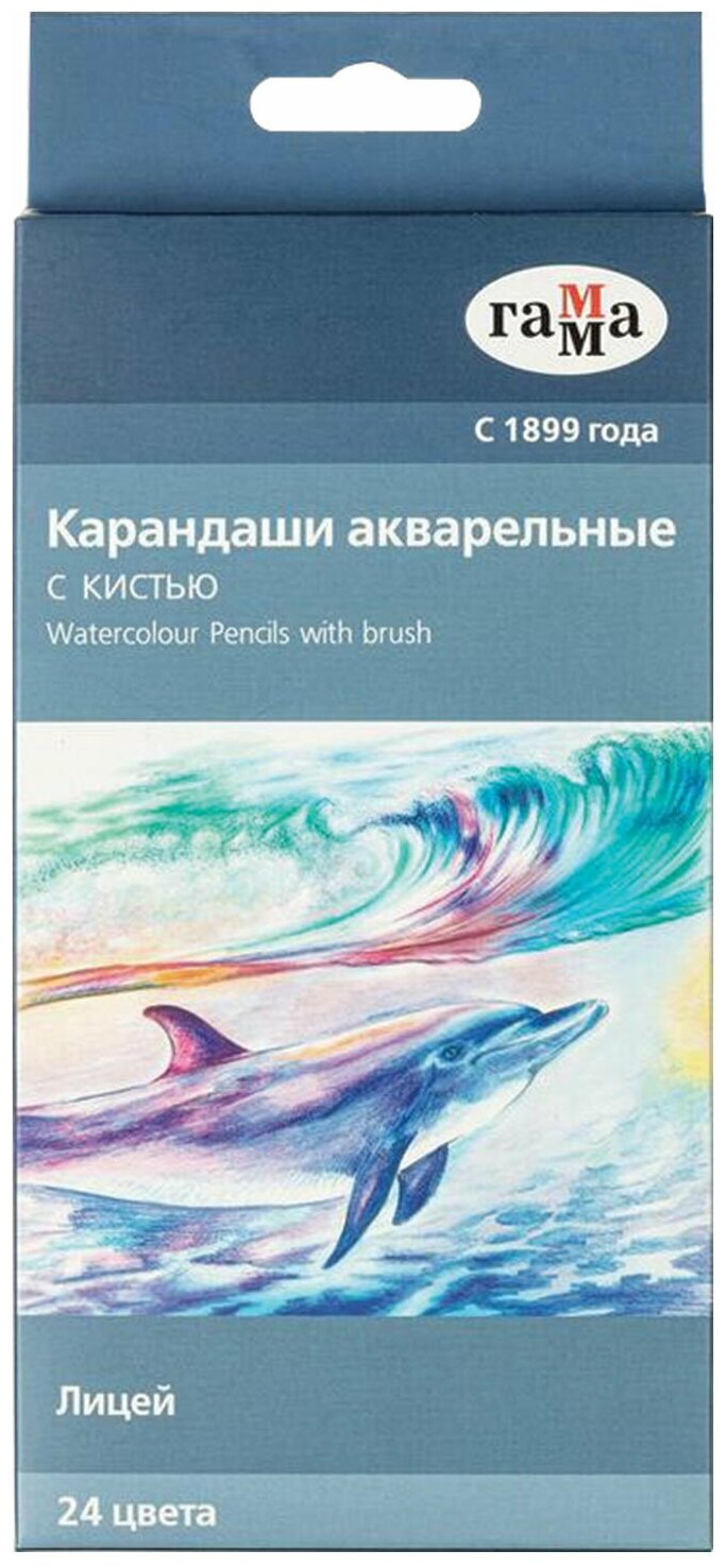 Карандаши акварельные гамма "Лицей", 24 цвета, заточенные, шестигранные, кисть, картонная упаковка, 221118_04
