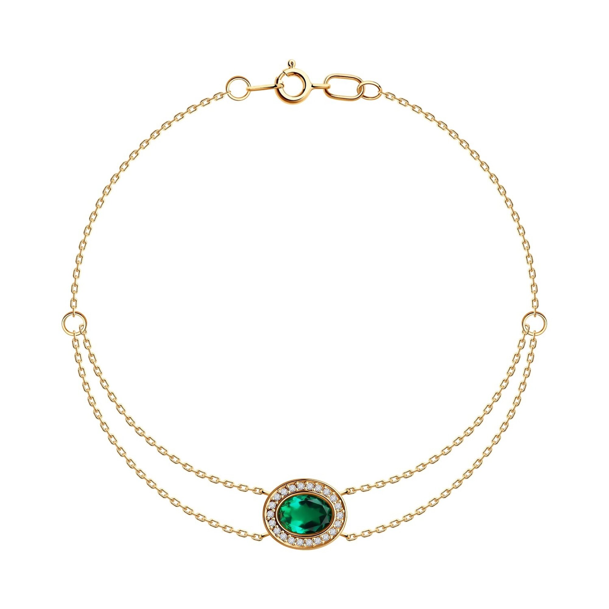 Браслет, красное золото, 585 проба, изумруд синтетический, фианит