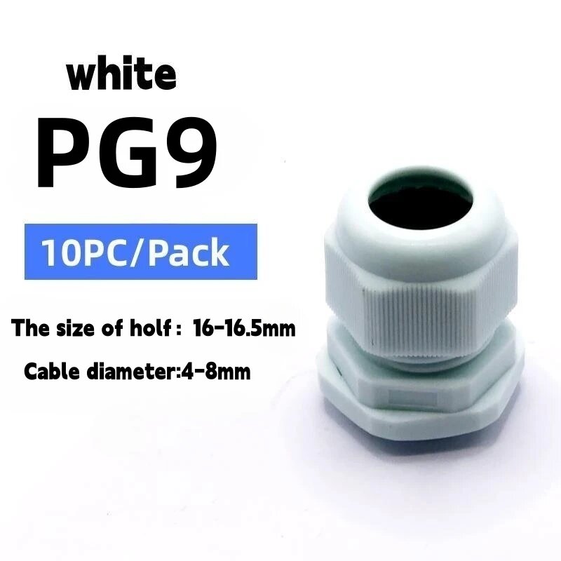 Водонепроницаемые кабельные сальники PG7 10 шт, белый/черный, нейлон PG9 White