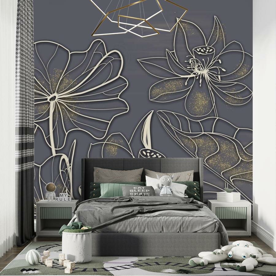 Фотообои Лотос на чёрном фоне 13-532-L-Флок 270 x 400 см (ВхШ) Бесшовные, флизелиновые, влагостойкие обои MasterFresok