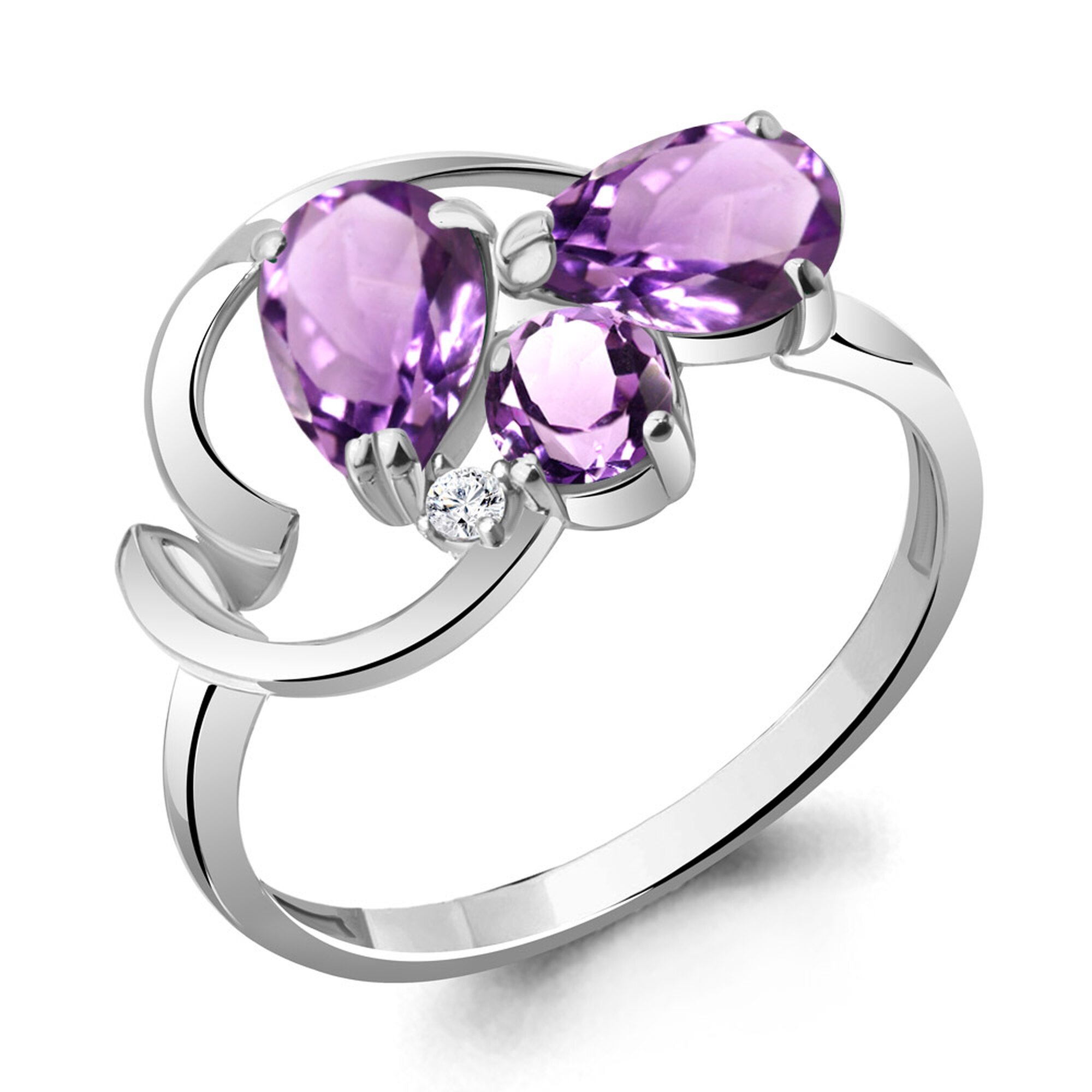 Кольцо, серебро, 925 проба, родирование, фианит, аметист