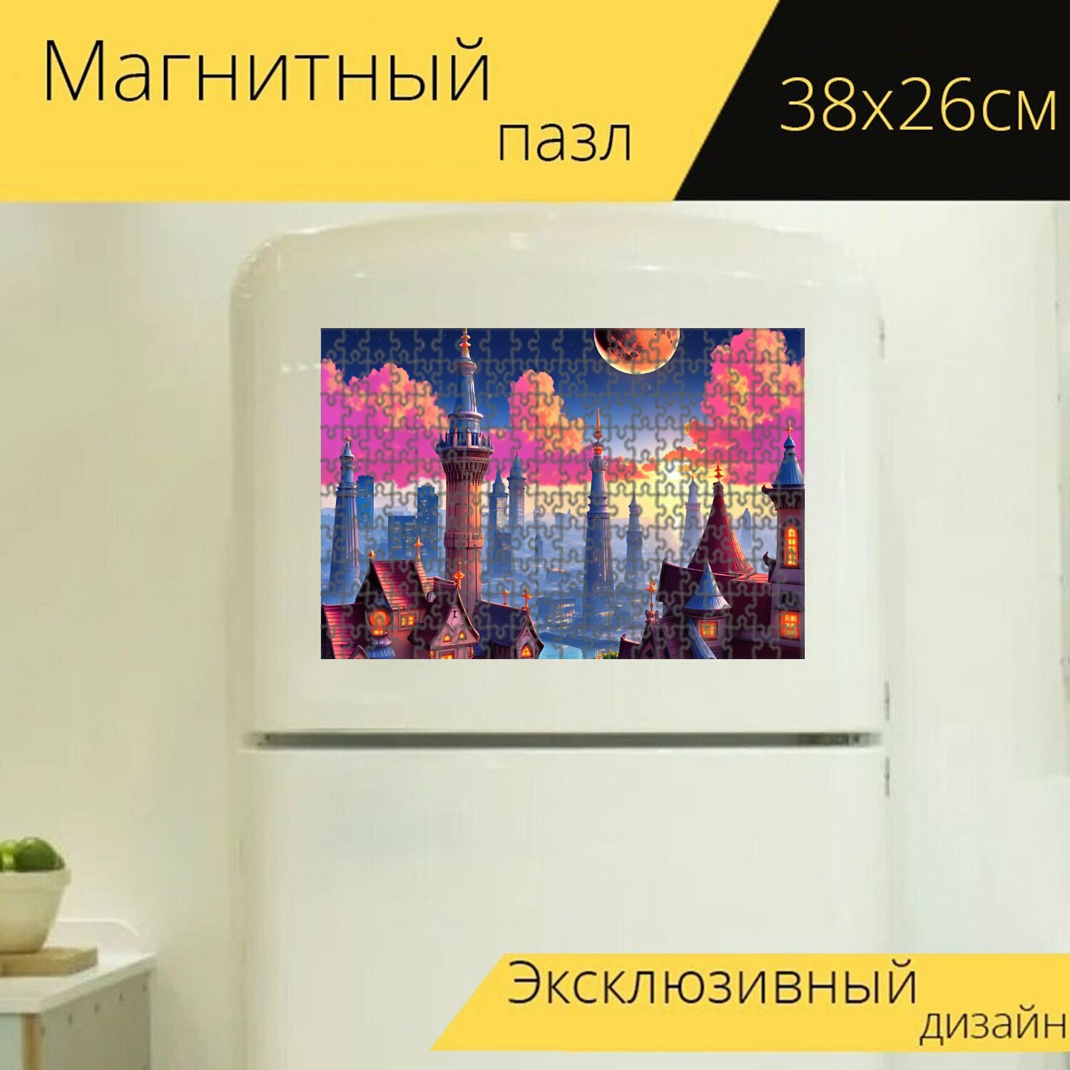 Магнитный пазл "Яркий и красочный городской пейзаж на закате, с небом, усеянным звёздами, двумя большими луной и планетами. Элементы архитектуры в стиле." для интерьера, 38х26 см.
