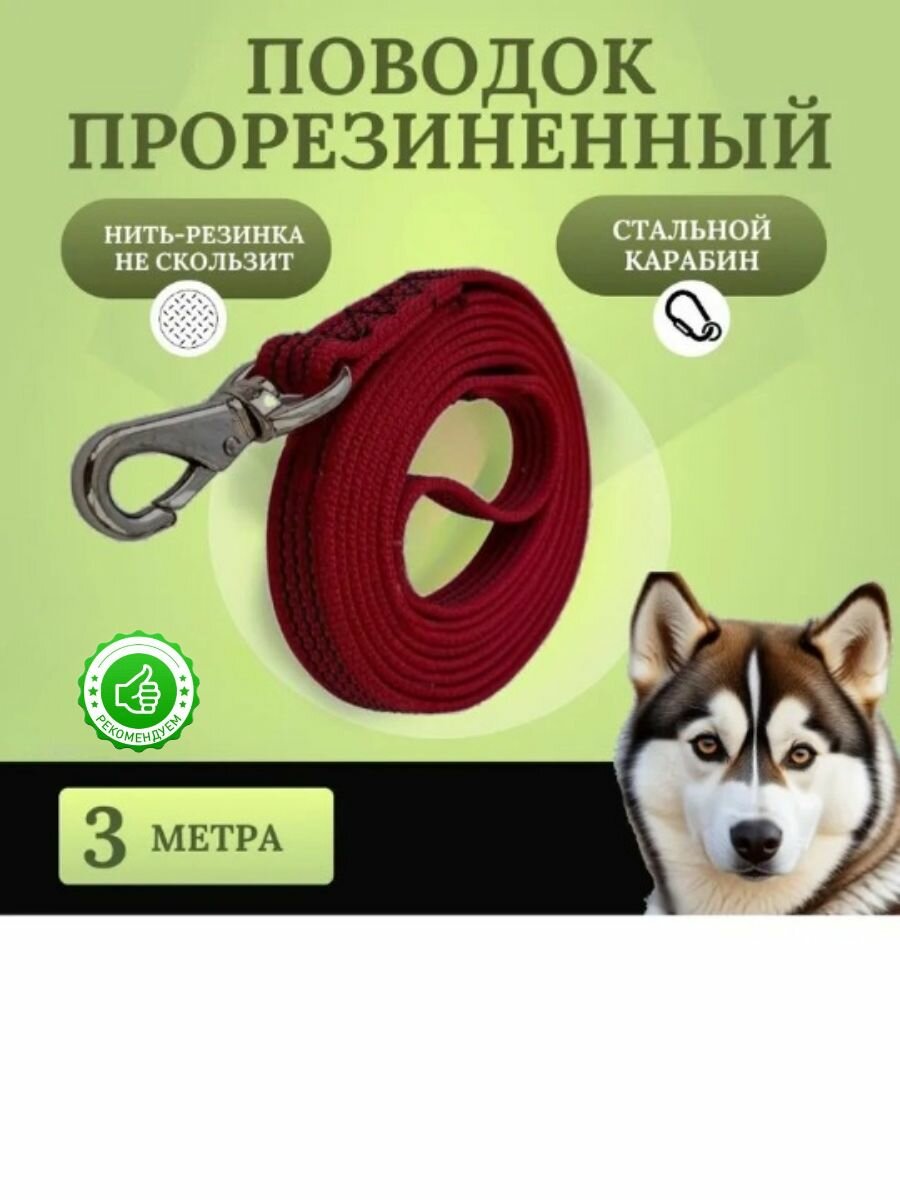 Поводок прорезиненный нескользящий для собак средних и крупных пород, длина 3 м, ширина 2 см бордовый