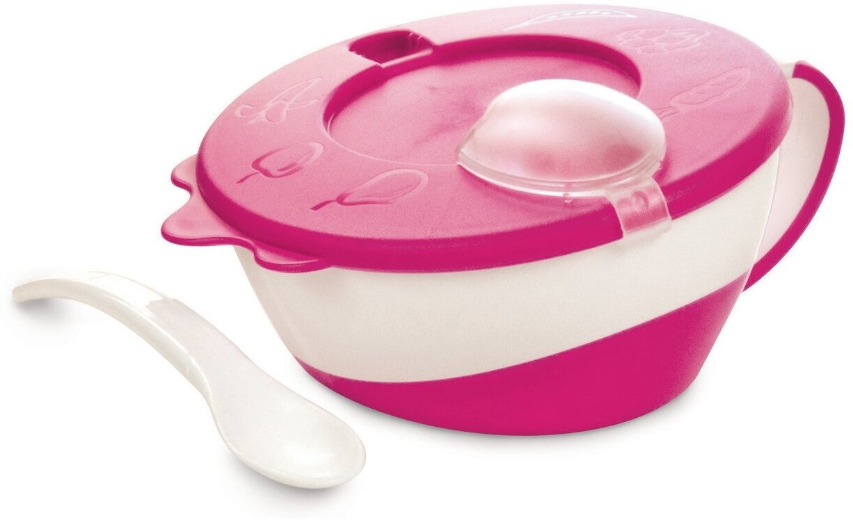 Детская тарелочка с крышкой и ложкой Canpol Babies Little cow, 9+, цвет: розовый