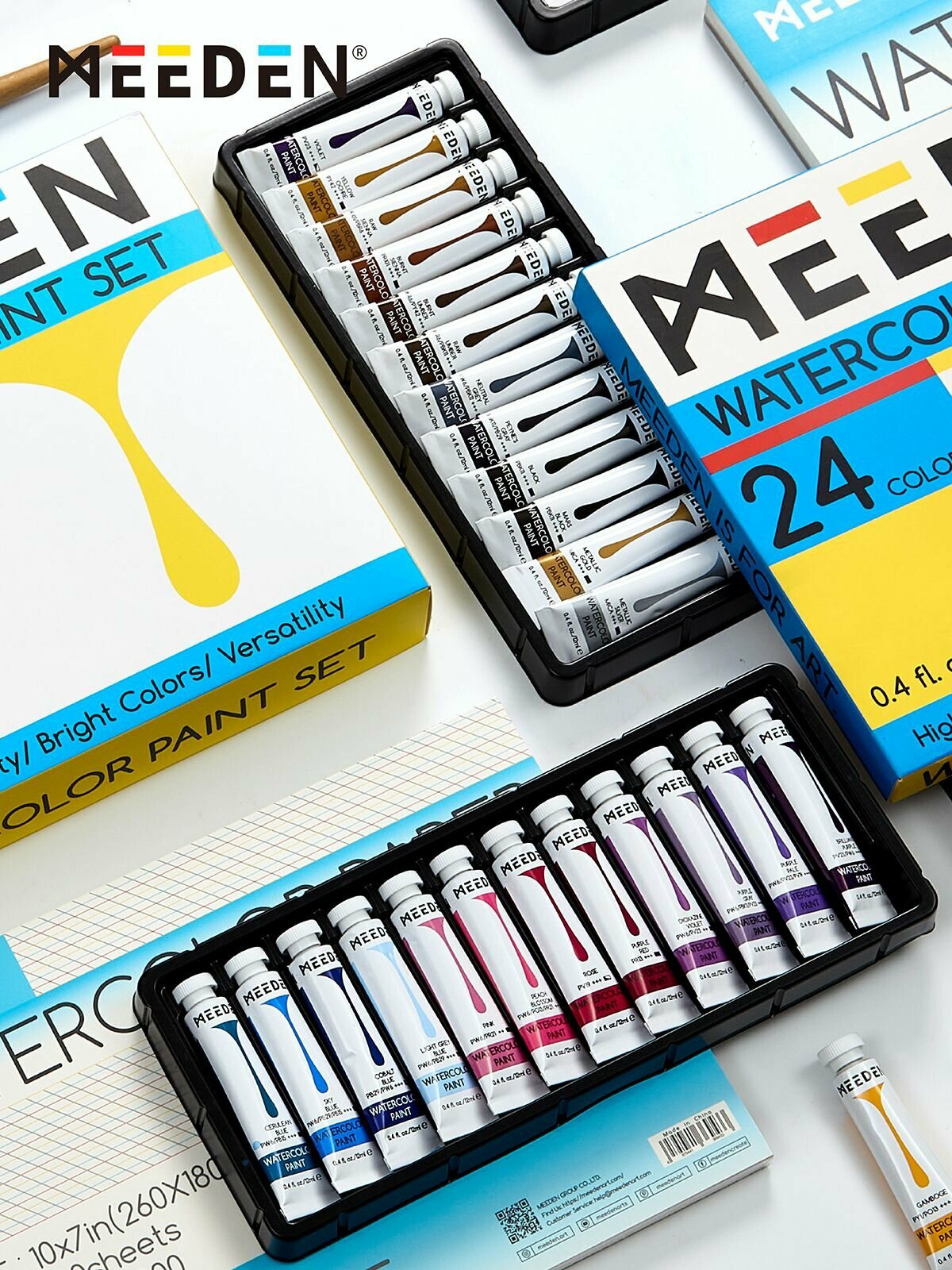 Набор акварельных красок MEEDEN в тюбиках - 24 цветов по 12 мл (0,4 унции) Набор для рисования художественных принадлежностей Нетоксичная акварельная краска для взрослых, начинающих и студентов