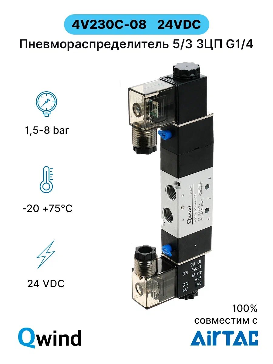 Пневмораспределитель Qwind 4V230C-08 DC24V, G1/4, функция 5/3 закрытая центральная позиция