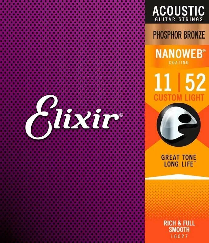 Elixir 16027 струны для акустической гитары из фосфорной бронзы с покрытием Nanoweb 11-52